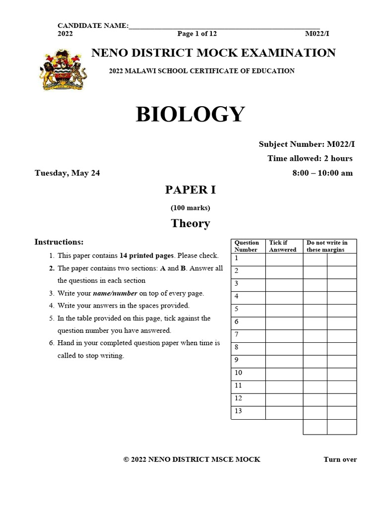 FINAL NENO District Biology Mock Paper I | PDF | Genotype | Biology