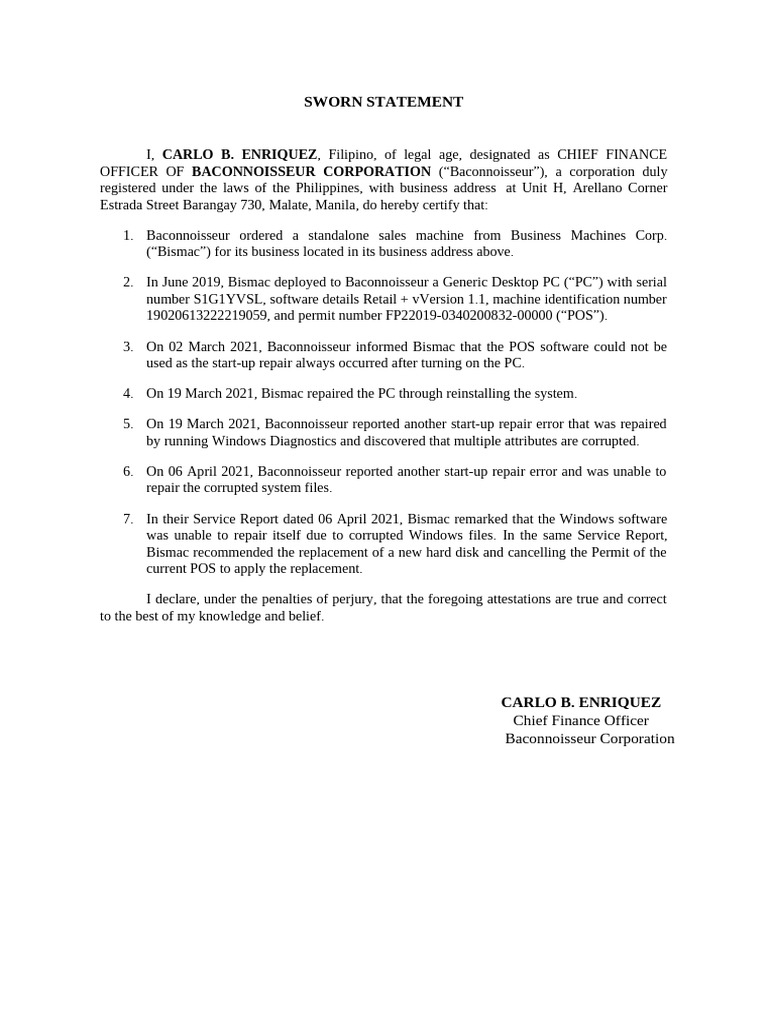 Sworn Statement | PDF
