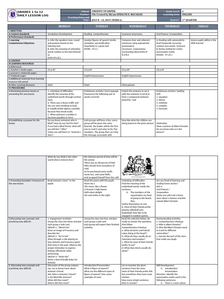 Grade 5 English Lesson Plan | PDF | Language Mechanics | Grammar