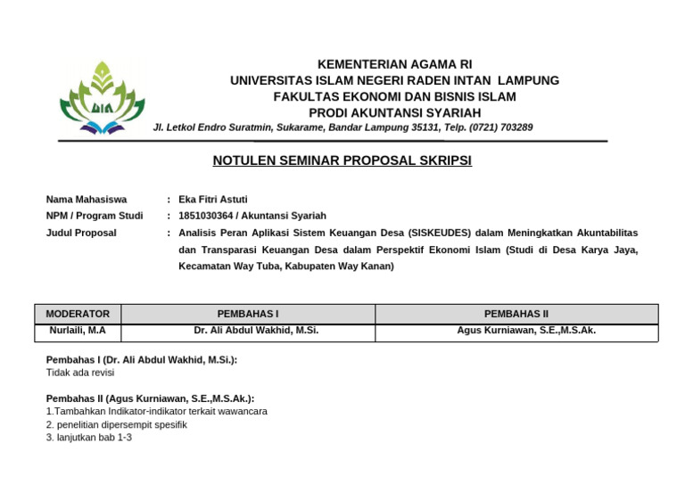 Notulen Eka Fitri Astuti_Seminar Proposal | PDF
