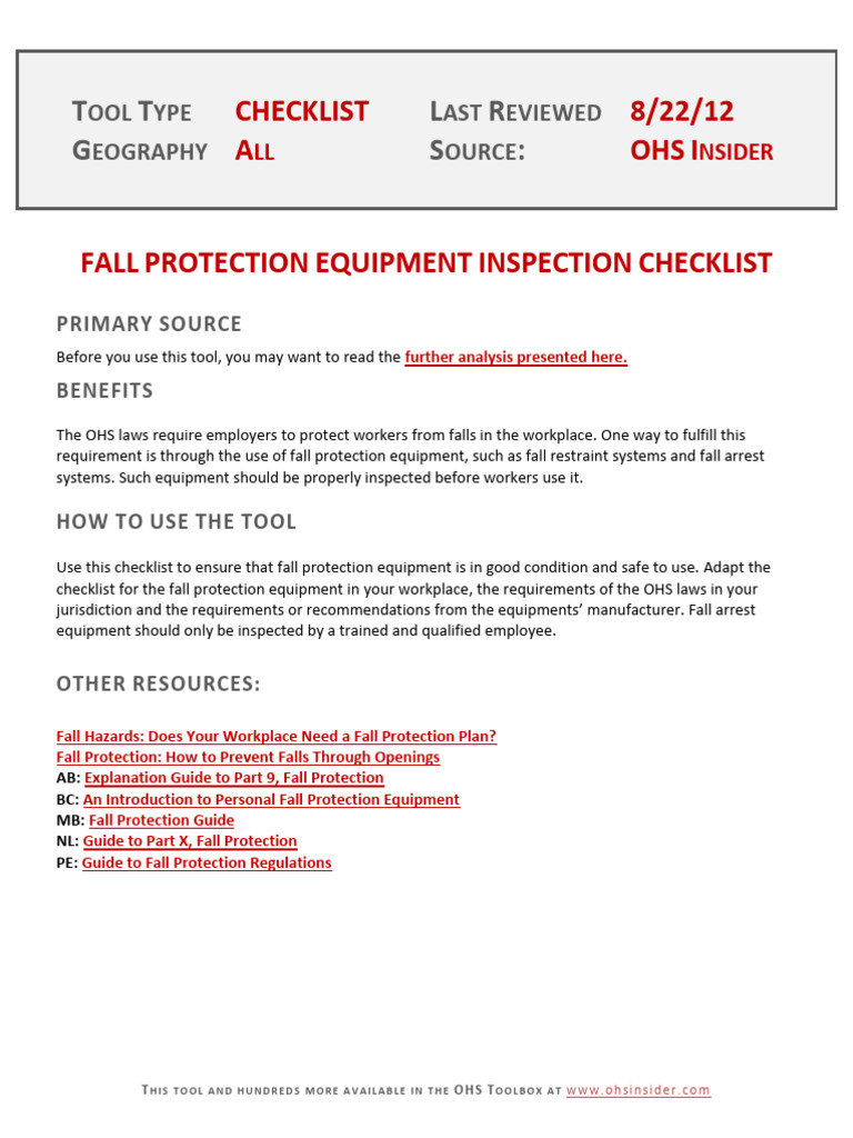 Fall Protection Equipment Inspection Checklist | PDF | Occupational ...