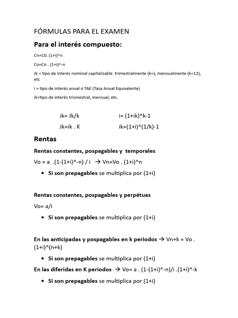 FÓRMULAS PARA EL EXAMEN | PDF