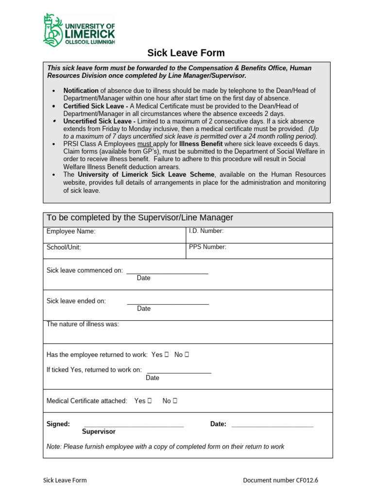 CF012 Sick Leave Form | PDF
