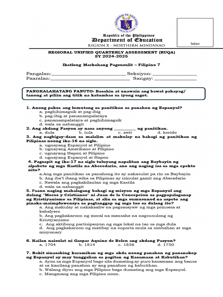 Filipino 7 RUQA Quarter 3 | PDF