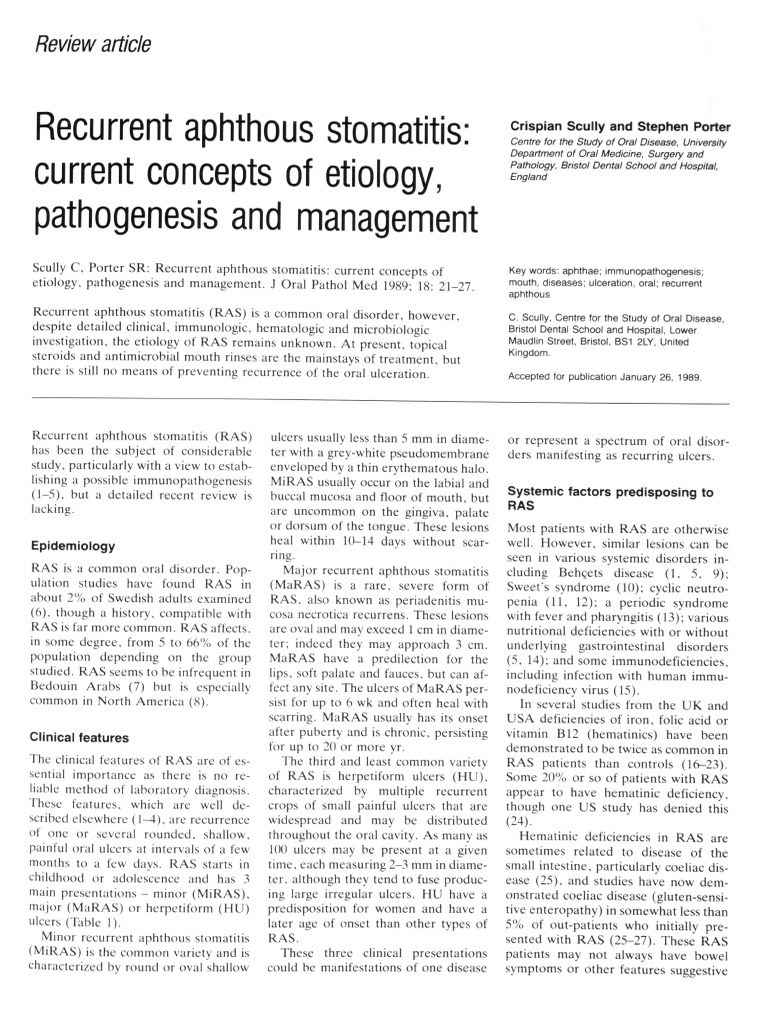 Recurrent Aphthous Stomatitis Current Concepts of Etiology | PDF | Immunology | Clinical Medicine