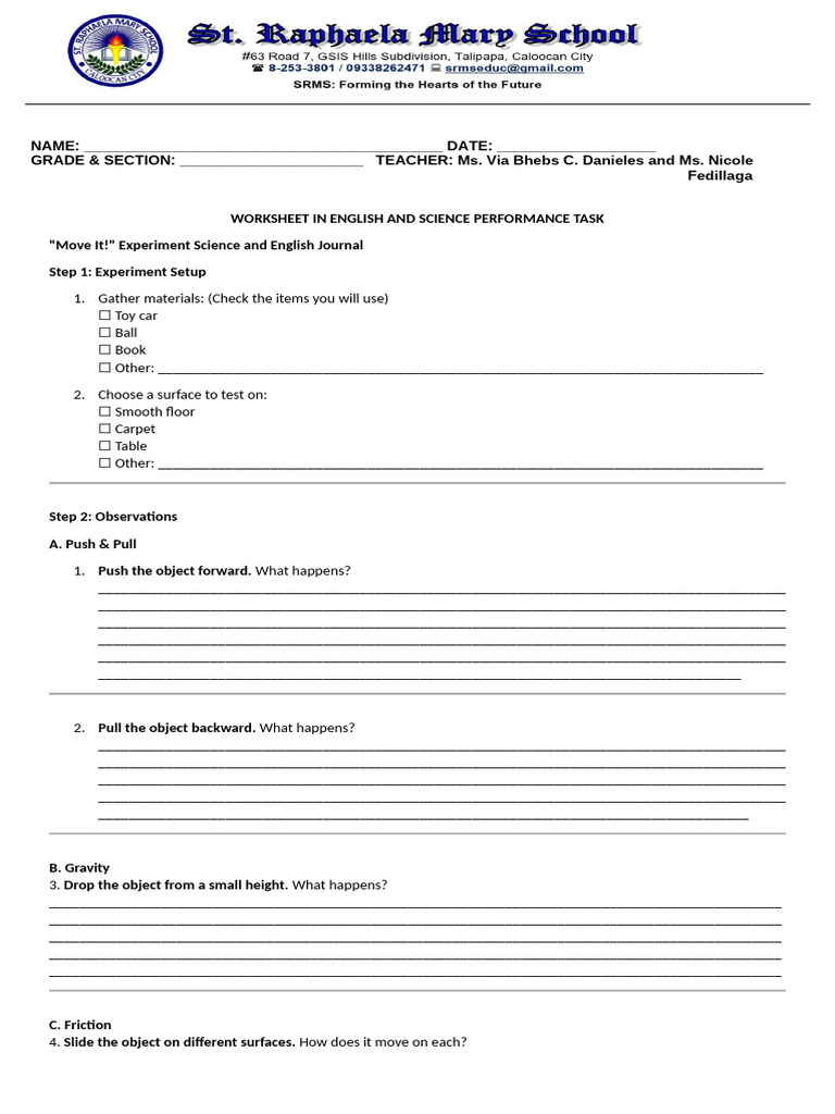 Q3 Worksheet in English and Science Performance Task | PDF | Friction ...