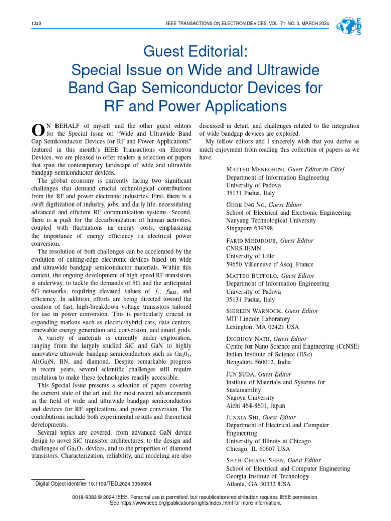 Guest Editorial Special Issue on Wide and Ultrawide Band Gap Semiconductor Devices for RF and ...