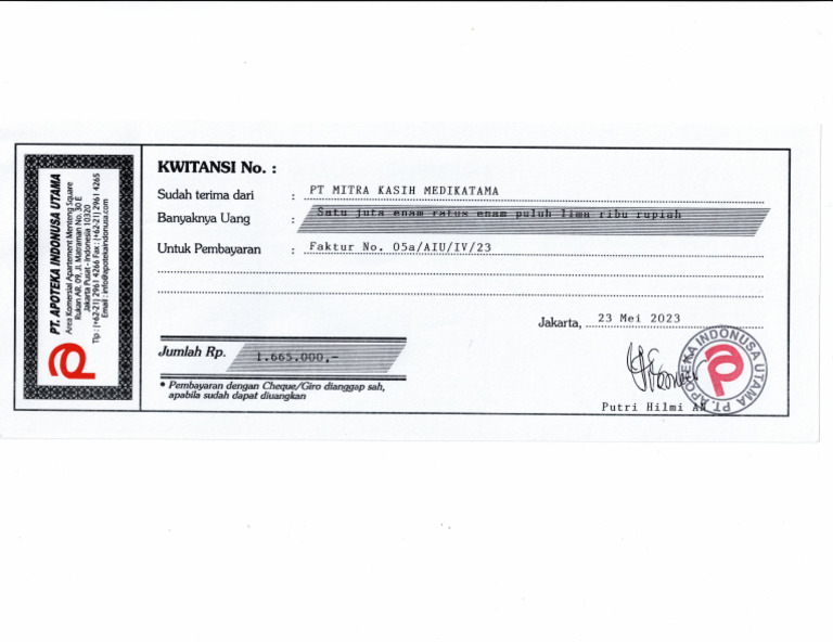 Kwitansi Pembayaran 05A.AIU.IV.23 | PDF
