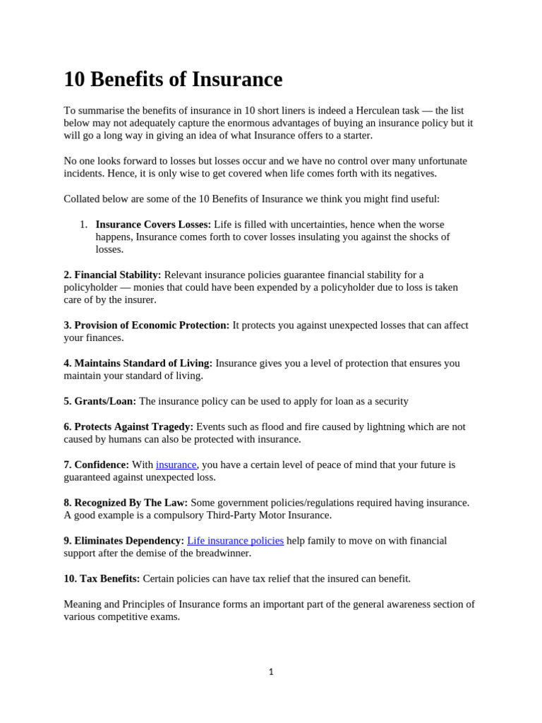 10 Benefits of Insurance Lesson Five Notes | PDF | Insurance | Life ...