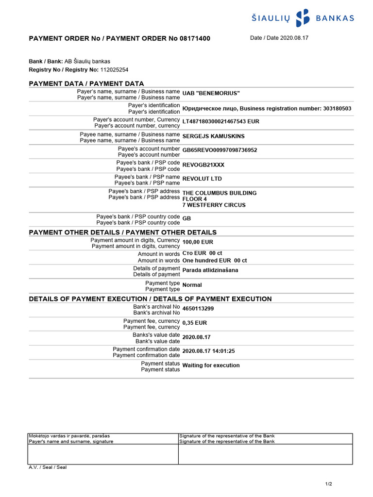 Payment Conformation SB Lithuania | PDF | Payments | Banking