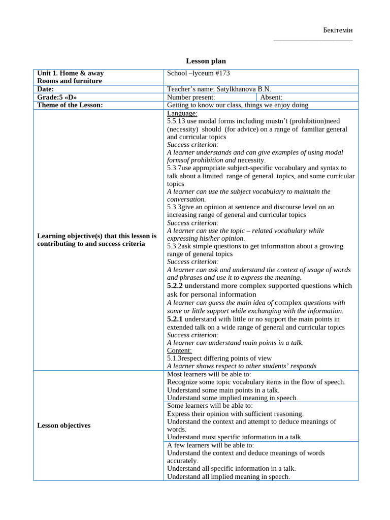 5 grade lesson plan | PDF | Vocabulary | Learning