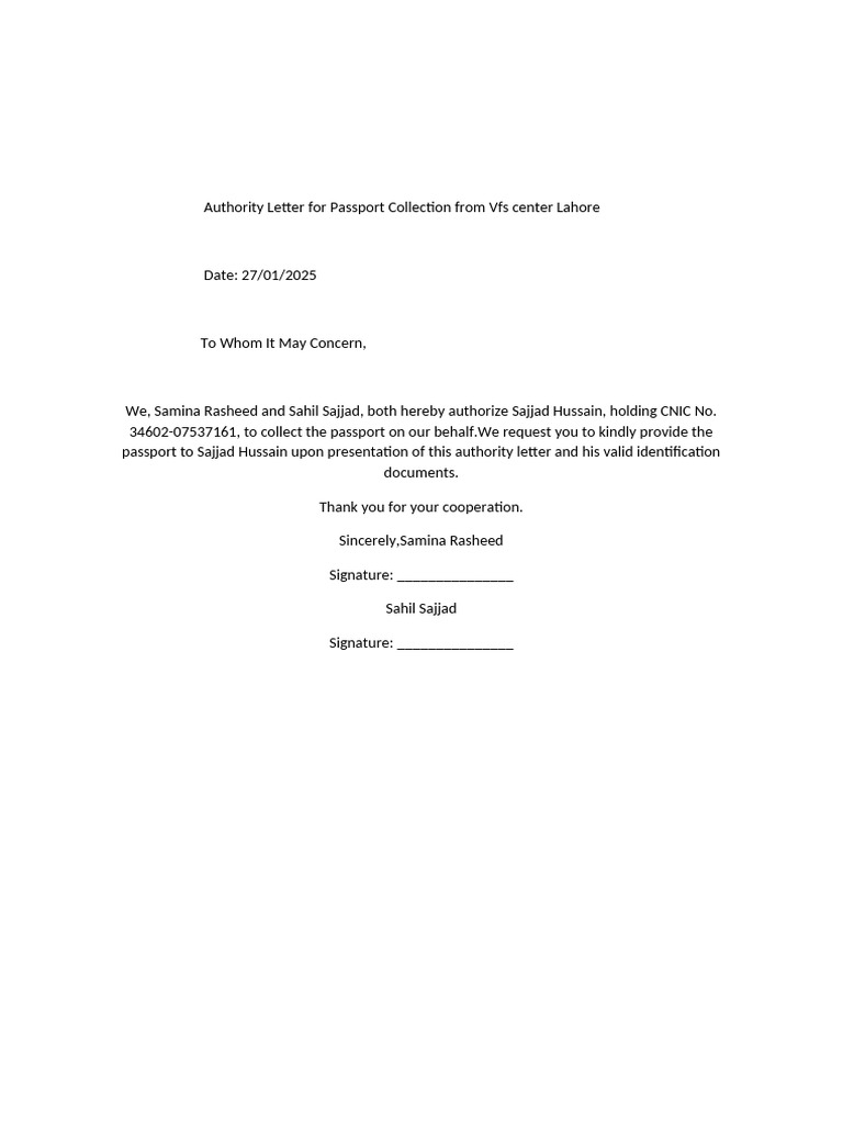 Authority Letter for Passport Collection | PDF