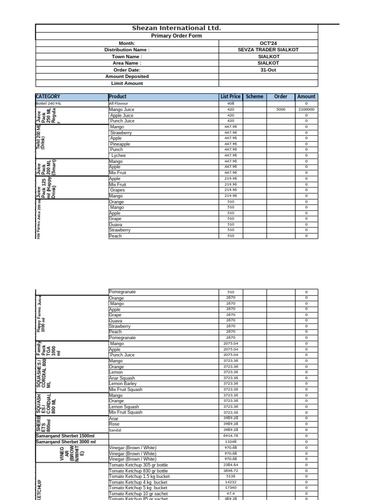 Shezan International Order Form OCT'24 | PDF | Fruit Preserves | Foods