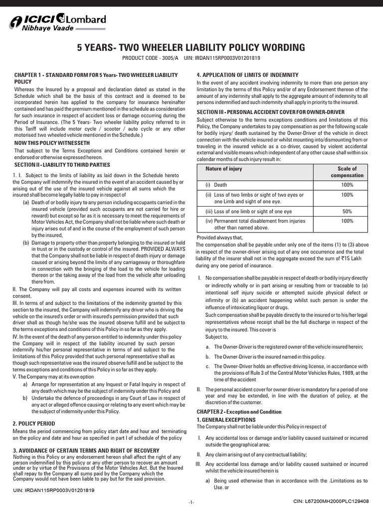 5 Years Two Wheeler Liability Policy | PDF | Indemnity | Insurance