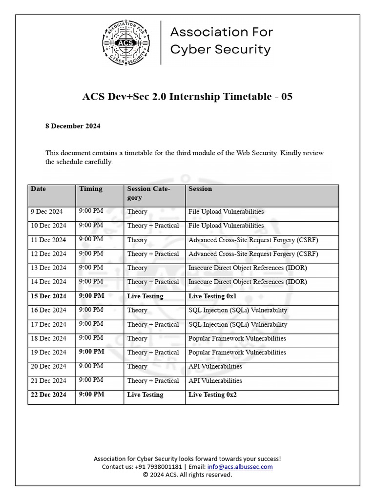 0x5 ACS Dev+Sec 2.0 Internship Timetable | PDF