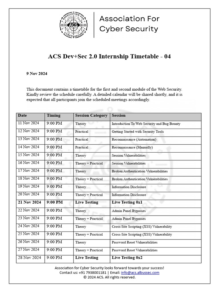 0x4 ACS Dev+Sec 2.0 Internship Timetable | PDF | Cyberspace | Crime Prevention