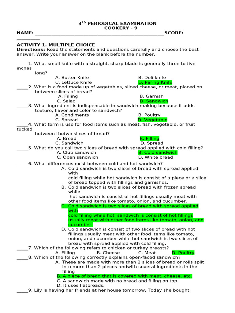 Cookery Exam: Sandwich Preparation | PDF | Sauce | Sandwich