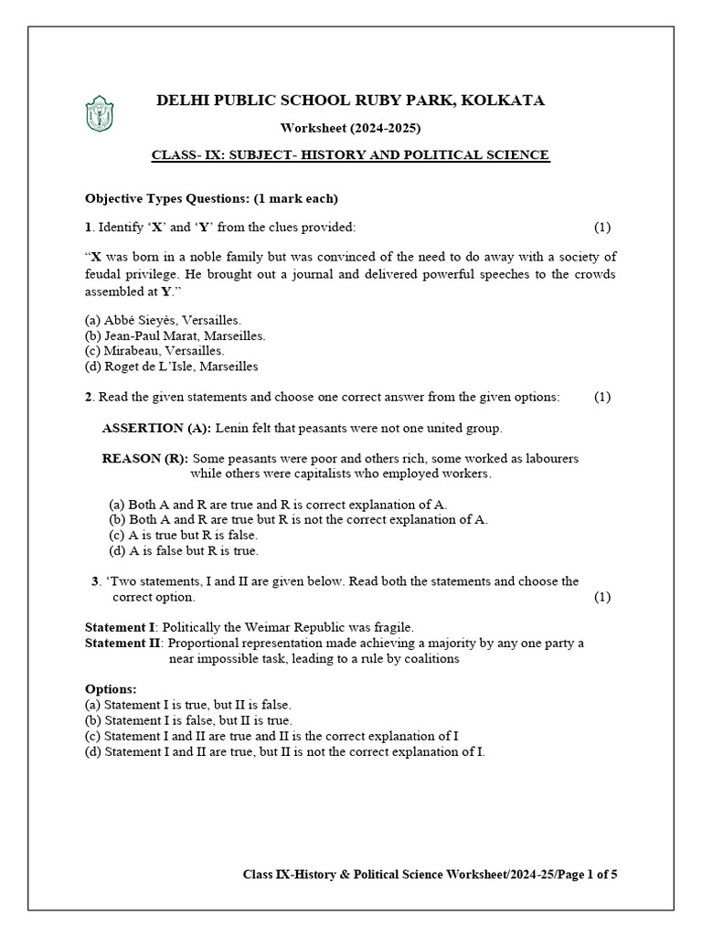 CLass_IX_Worksheet_Annual_Exams_2024 (1) | PDF | Citizenship | Constitution