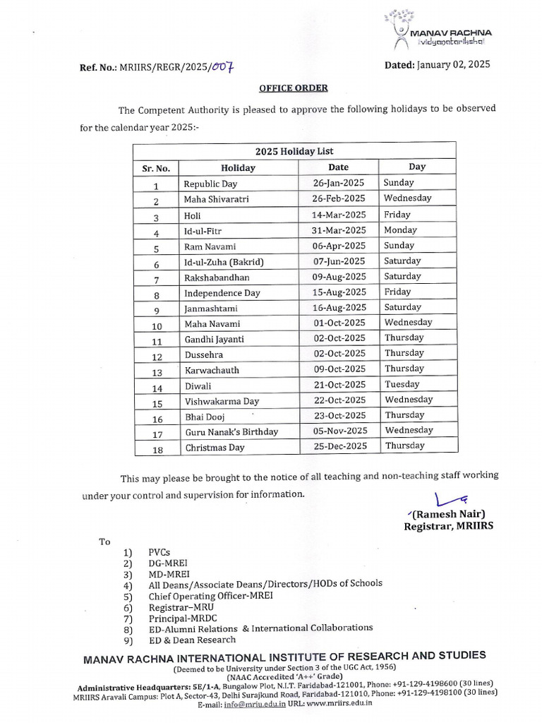 REGR 007 - Notification Regarding Approved List of Holidays For The ...