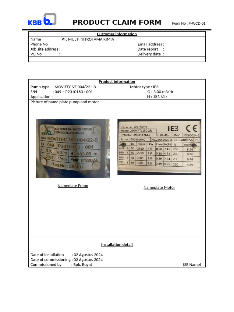 F-WCD-01 Product Claim Form | PDF