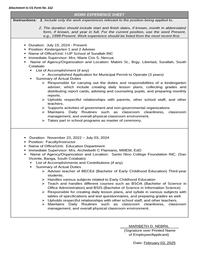 Maribeth Nebril Work Experience Sheet | PDF | Teachers | Teaching