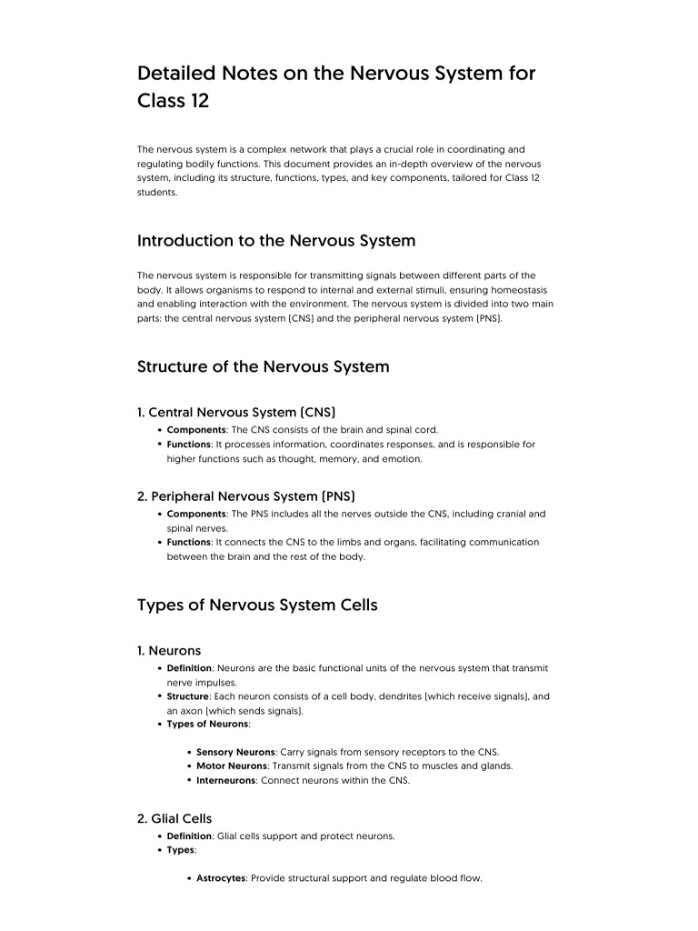 Detailed Notes On The Nervous System For Class 12 | PDF | Nervous ...