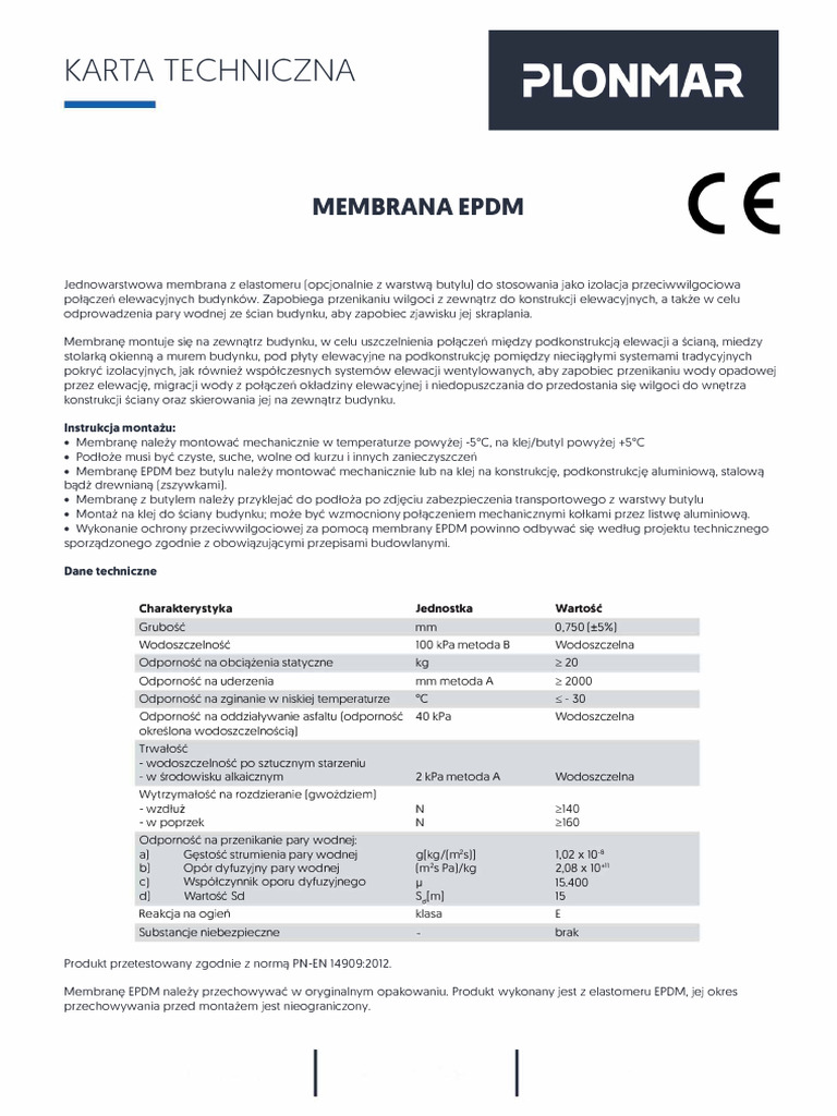 Karta Techniczna Membrana EPDM | PDF