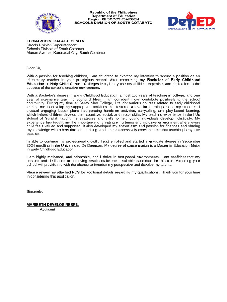 MARIBETH NEBRIL Application Letter | PDF | Early Childhood Education | Psychology