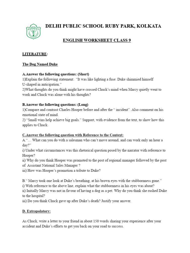 Class 9 English Worksheet | PDF