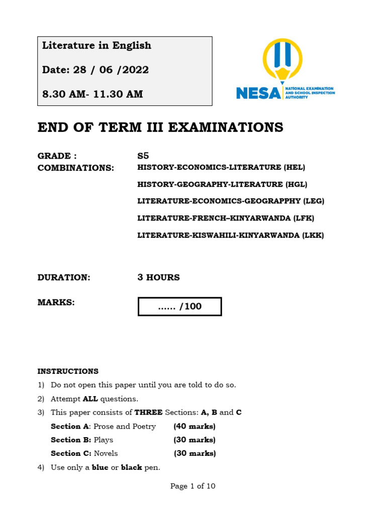 S5 Literature Exam Questions & Format | PDF | Adolescence