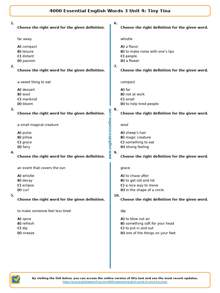 1960 - 4000 Essential English Words 3 Unit 4 Tiny Tina | PDF