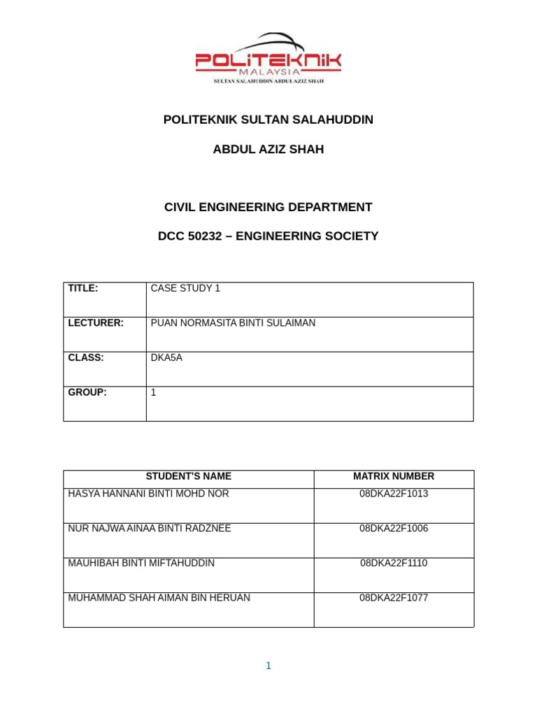 Case Study 1 Engineering Society Words Pdf Occupational Safety