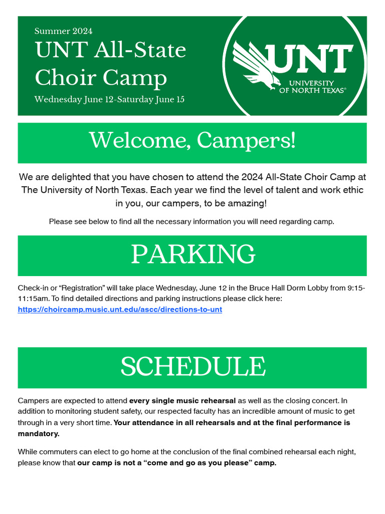 2024 UNT Choir Camp Welcome Letter | PDF | Camping