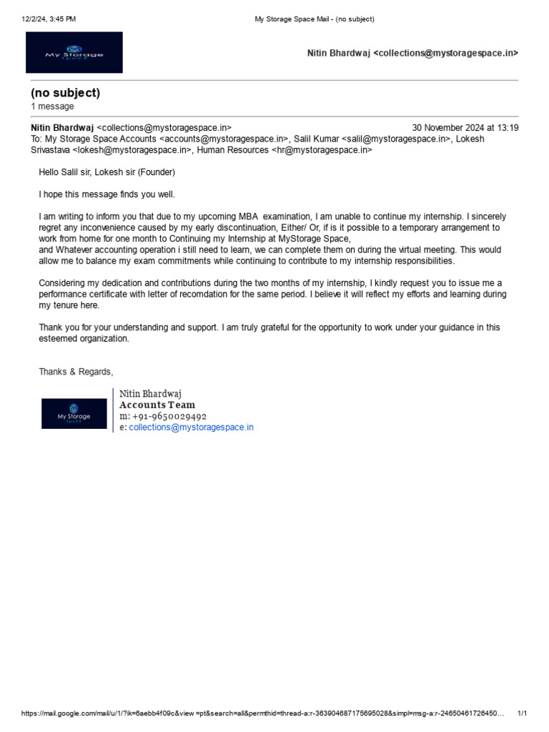My Storage Space Mail - Internship Termination Mail. | PDF