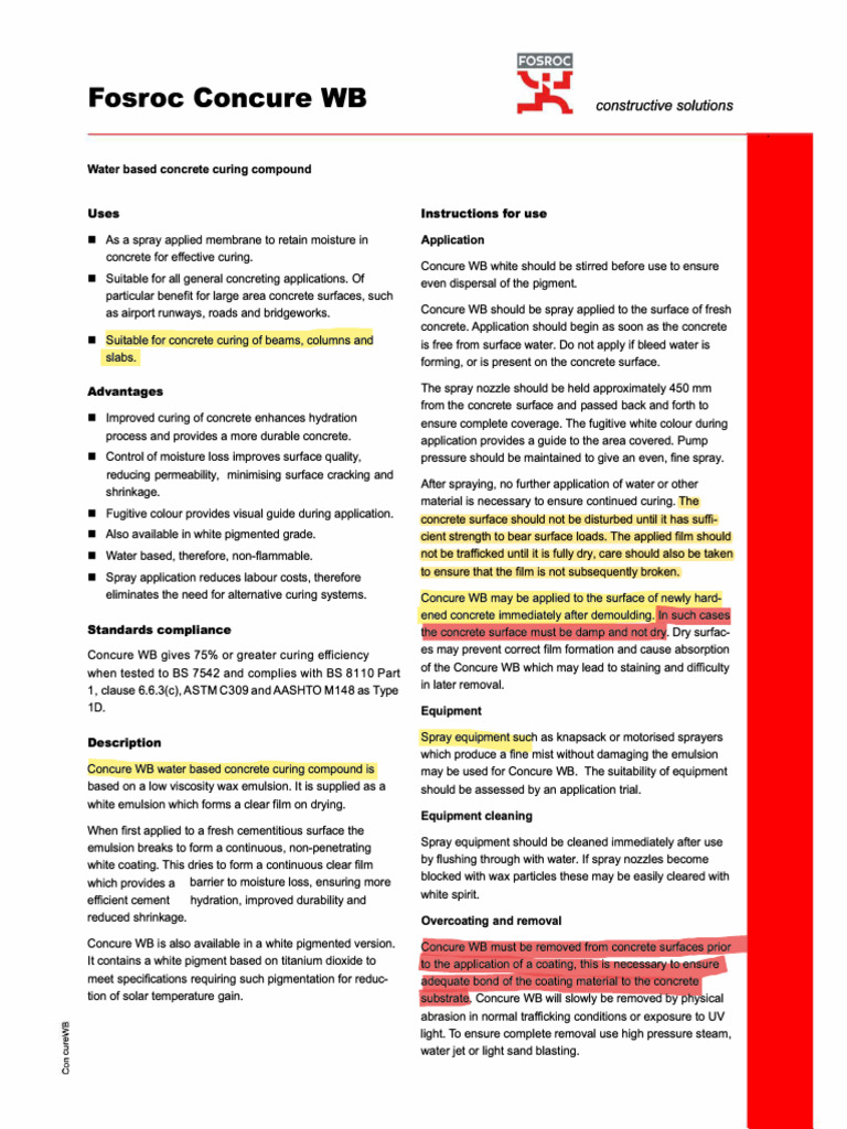 Fosroc Concure WB - TDS | PDF | Concrete | Materials