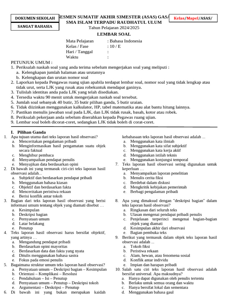 SOAL ASAS BAHASA INDONESIA KELAS 10 | PDF