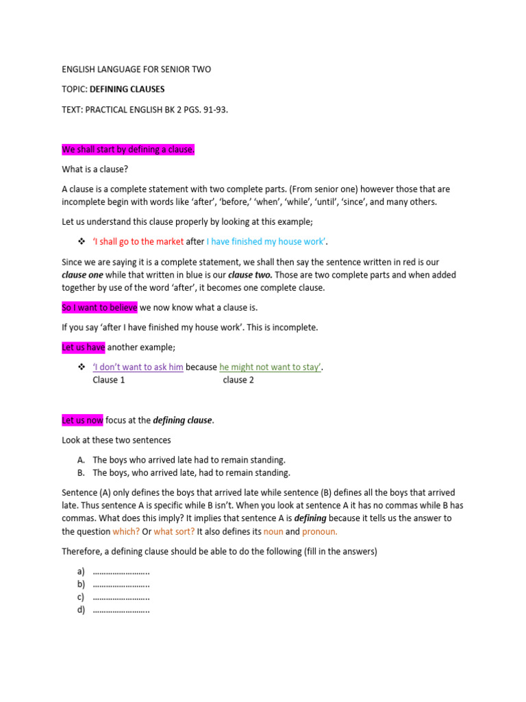 Defining Clauses for Senior Two English | PDF