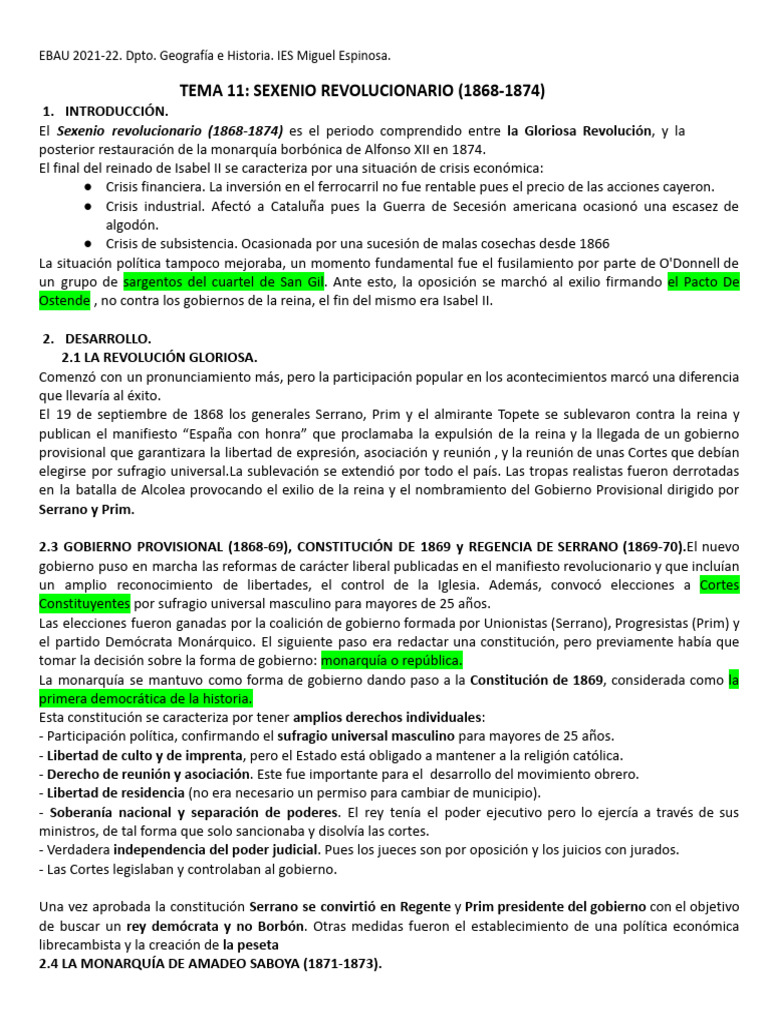 Tema 11. Sexenio Revolucionario | PDF | España | Política de españa