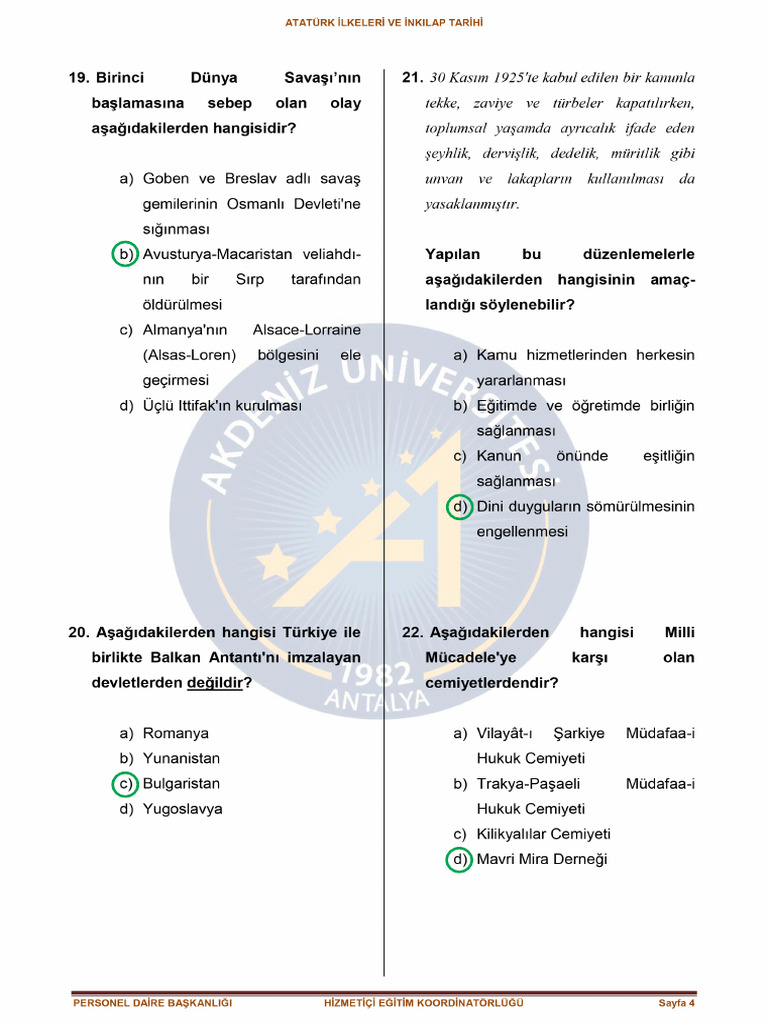 Ataturk Ilkeleri Ve Inkilap Tarihi Sorulari 4 | PDF