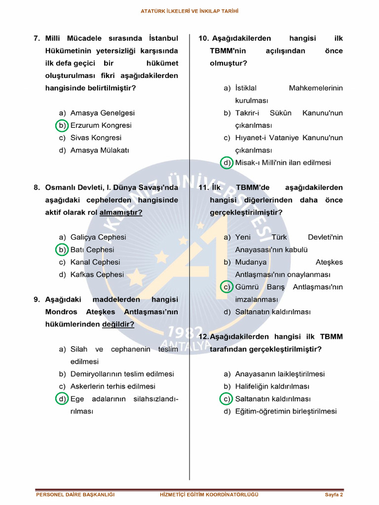 Ataturk Ilkeleri Ve Inkilap Tarihi Sorulari 2 | PDF
