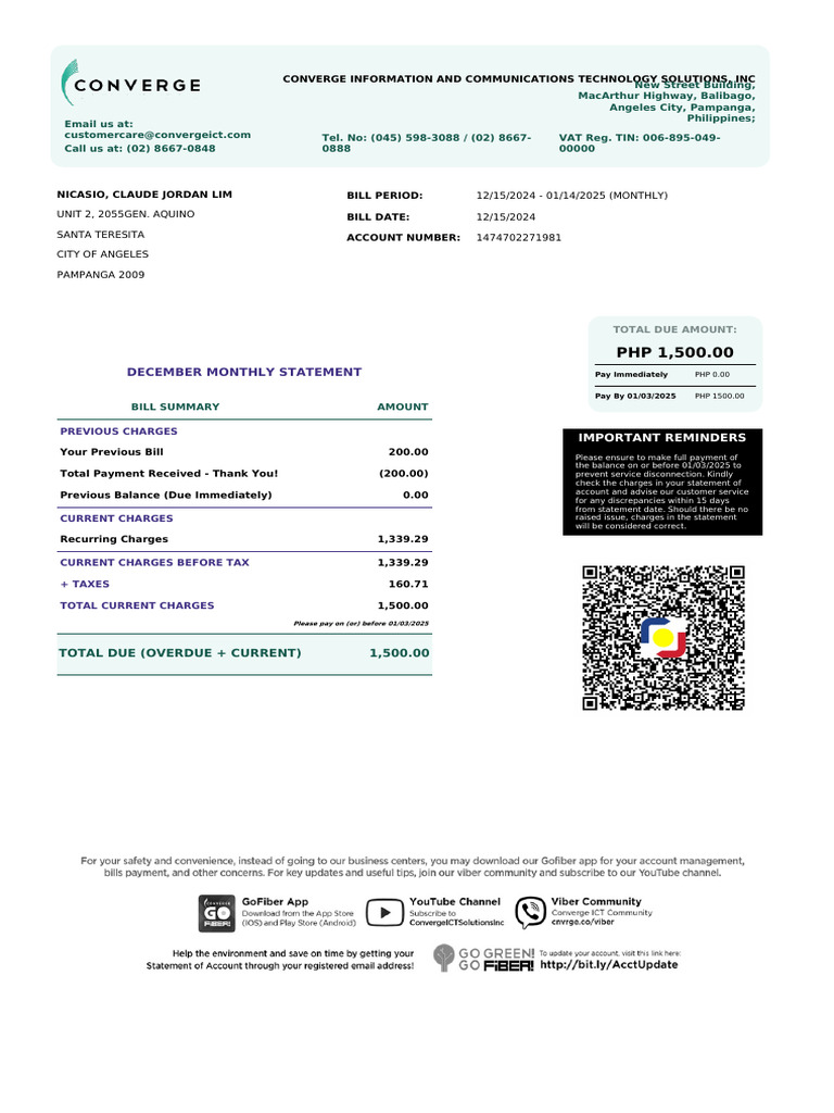 December 2024 FiberX Bill Summary | PDF | Business | Payments