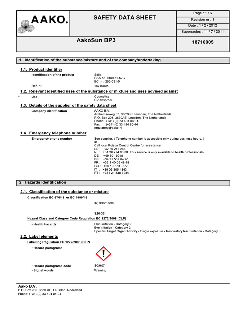 Benzophenone 3 Sds | PDF | Personal Protective Equipment | Toxicity