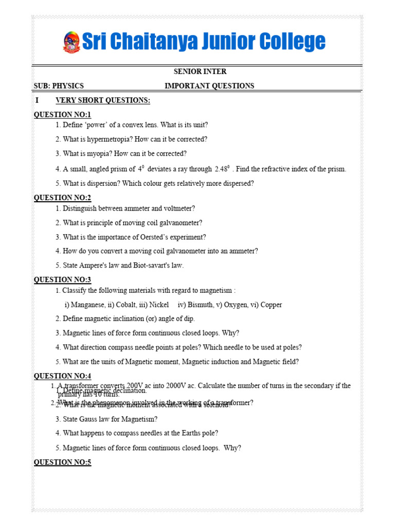 SR - Physics - Imp - Questions 2024 | PDF | P–N Junction | Waves