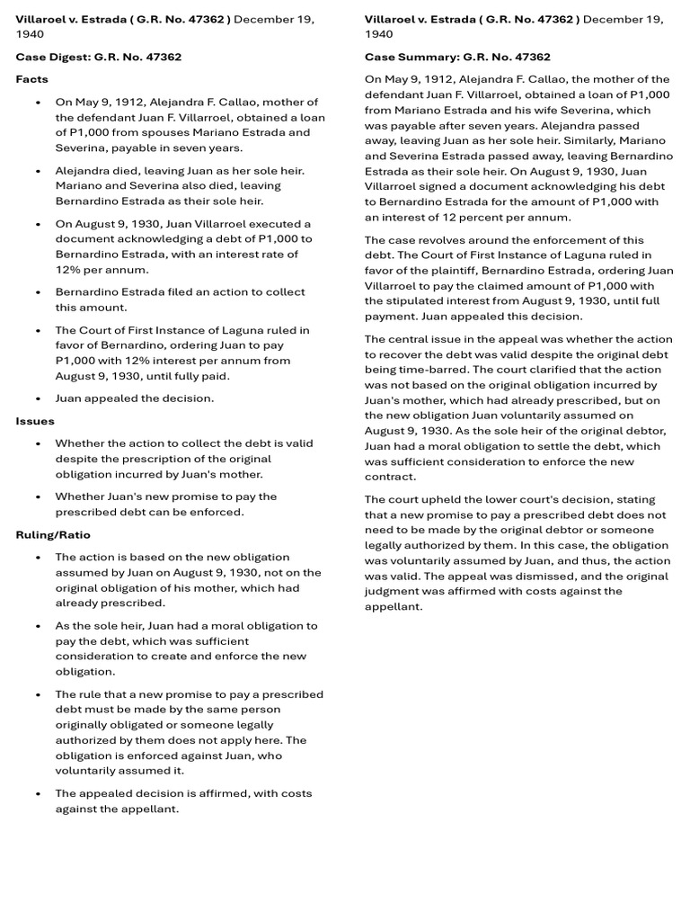 Villaroel v. Estrada (G.R. No. 47362) December 19, 1940 | PDF | Appeal ...