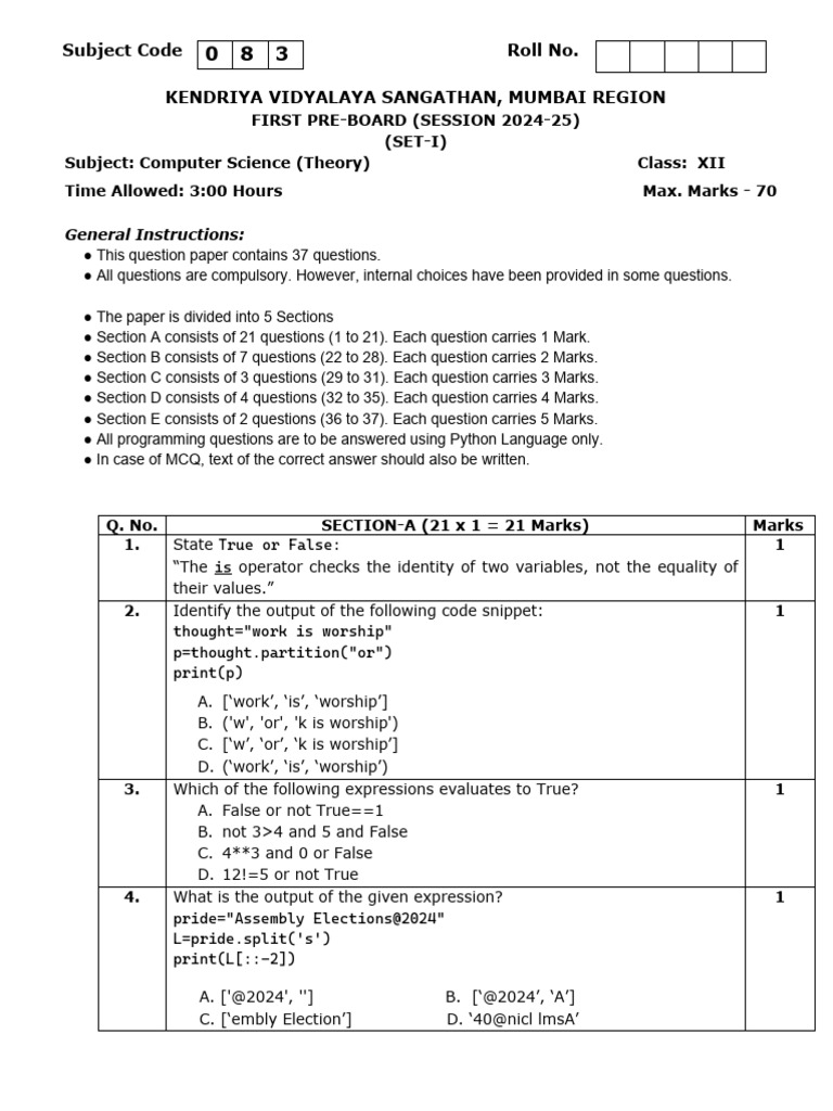 XII Computer Science SET I QP | PDF | Computer Network | Sql