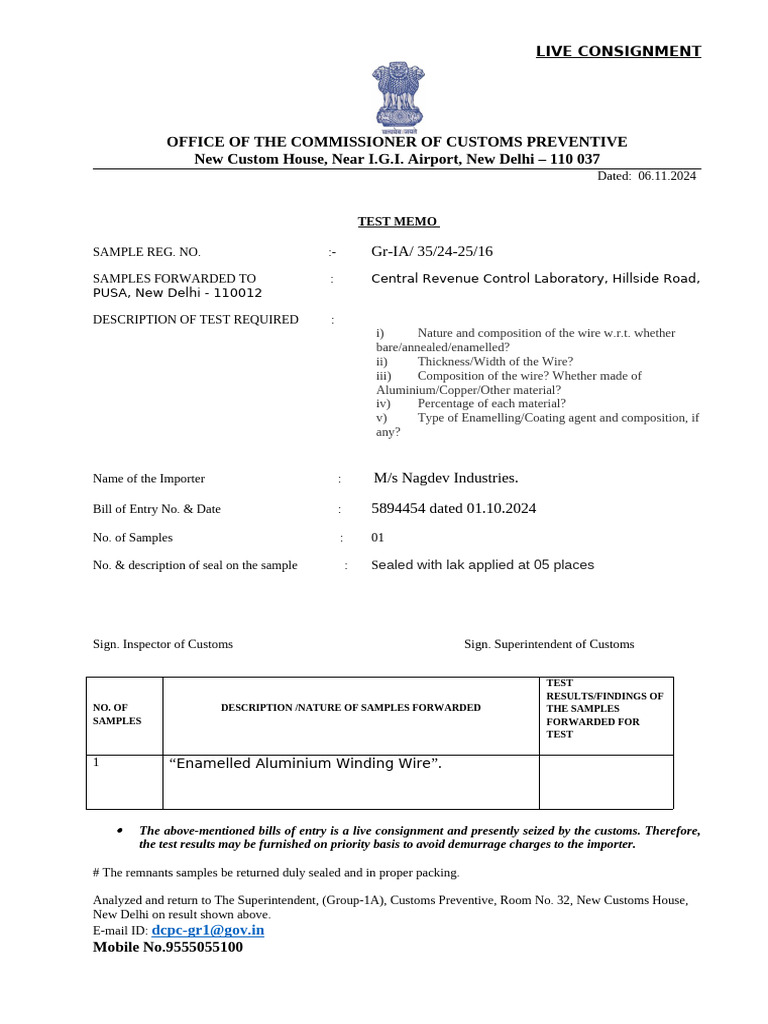 Customs Wire Composition Test Memo | PDF | Secondary Sector Of The ...