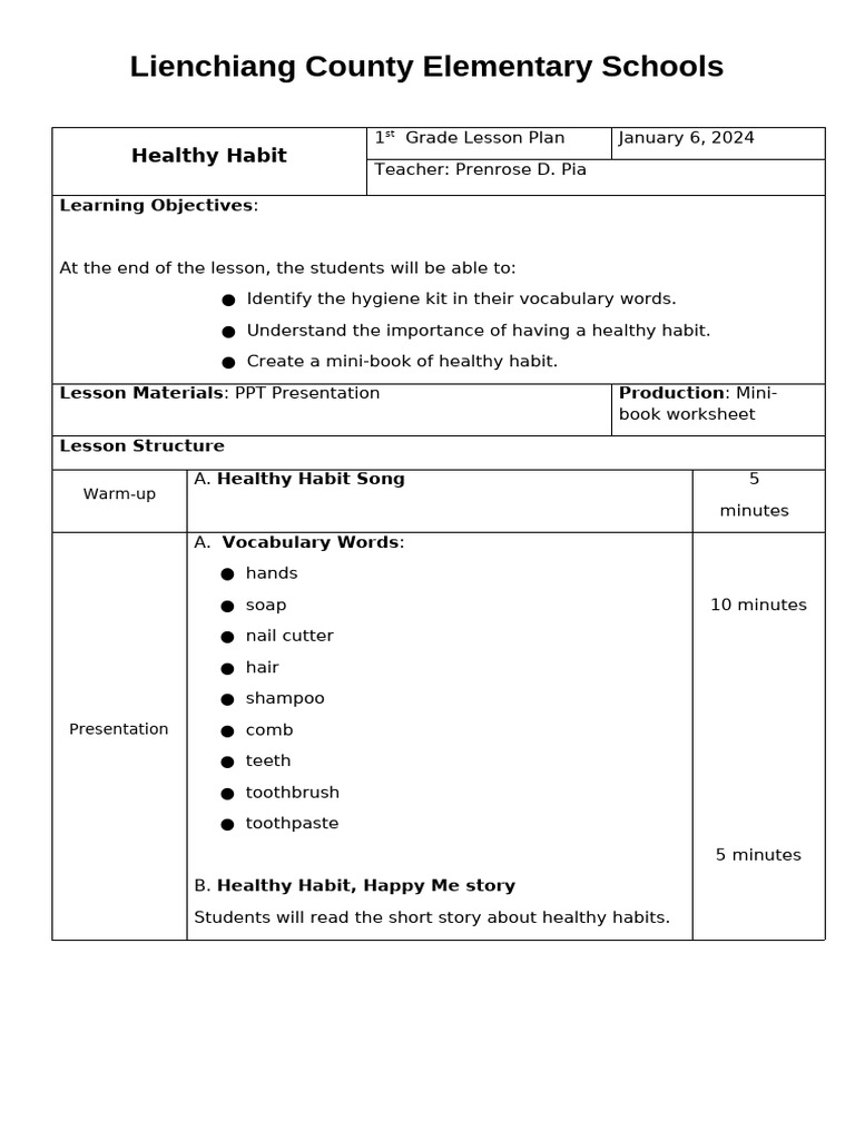 HEALTHY HABIT GRADE 1 Lesson Plan | PDF