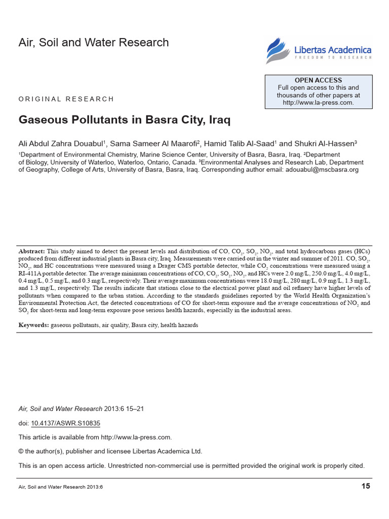 Gaseous Pollutants in Basra City Iraq | PDF | Air Pollution | Nitrogen ...