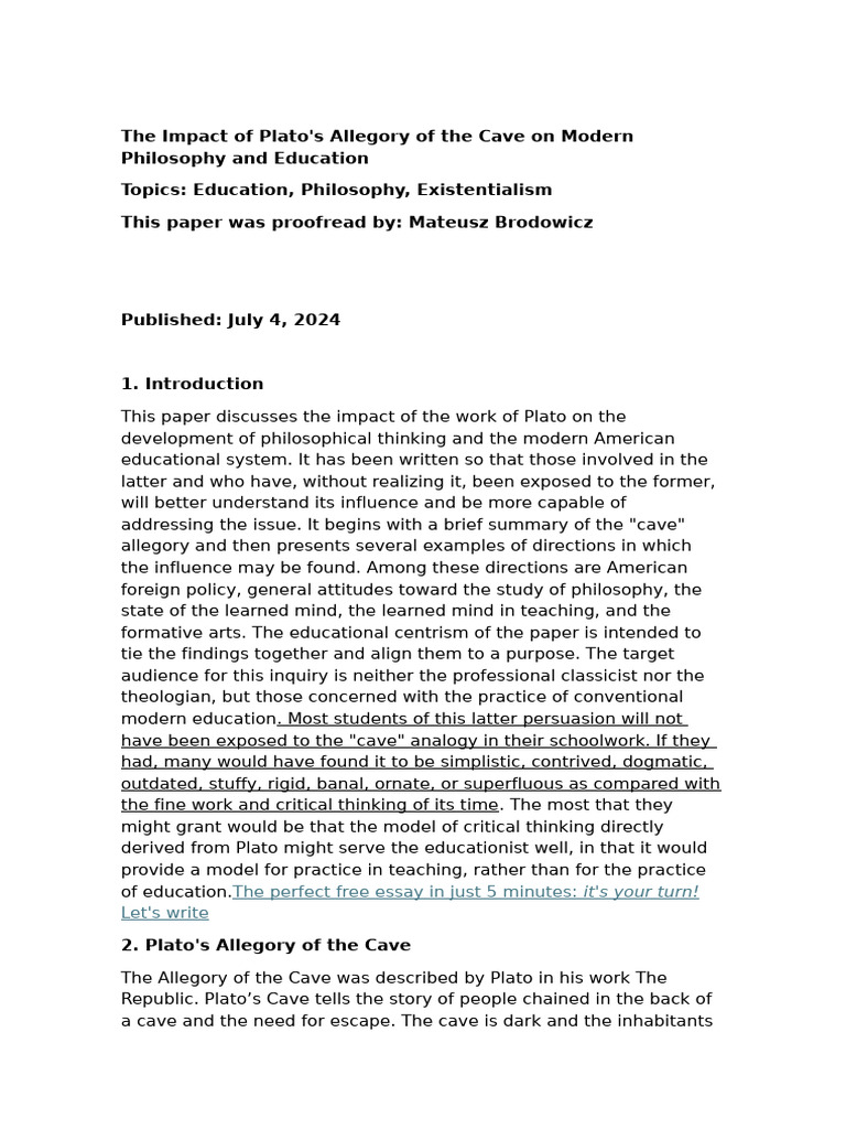The Impact of Plato's Allegory of the Cave on Modern Philosophy and ...