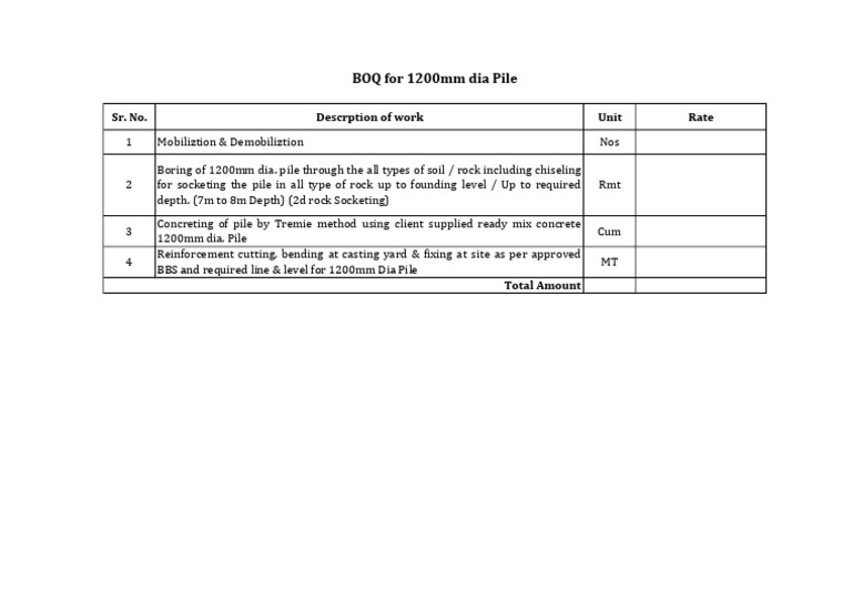 BOQ for 1200mm Dia Pile Construction | PDF